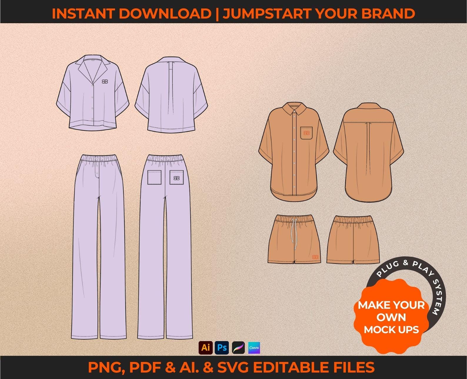 Pajama Sketch Loungewear Vector Mockup Fashion Tech Pack Template ...