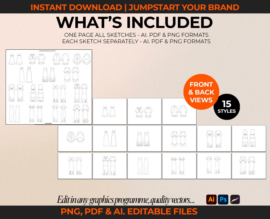 Womenswear Vector Dress Sketch Women's Casual Dress Tech Pack Template ...