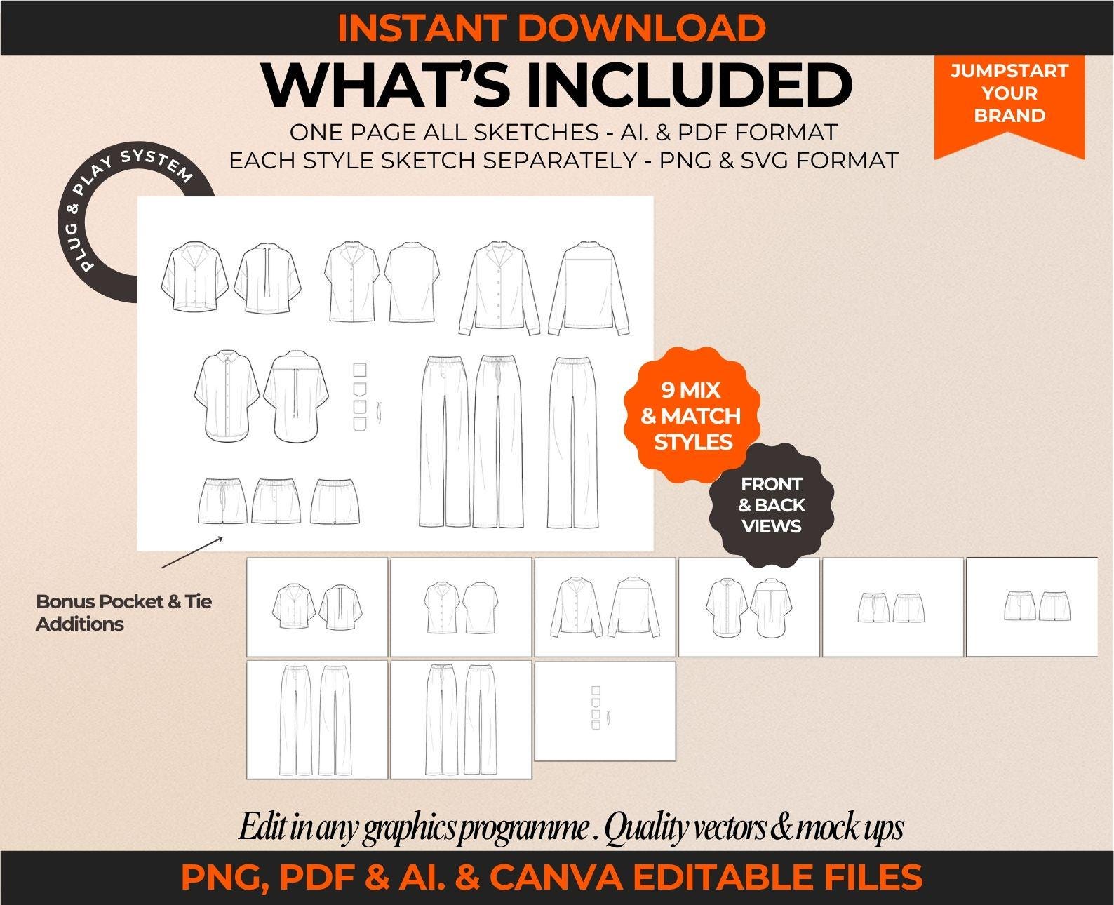 Pajama Sketch Loungewear Vector Mockup Fashion Tech Pack Template ...