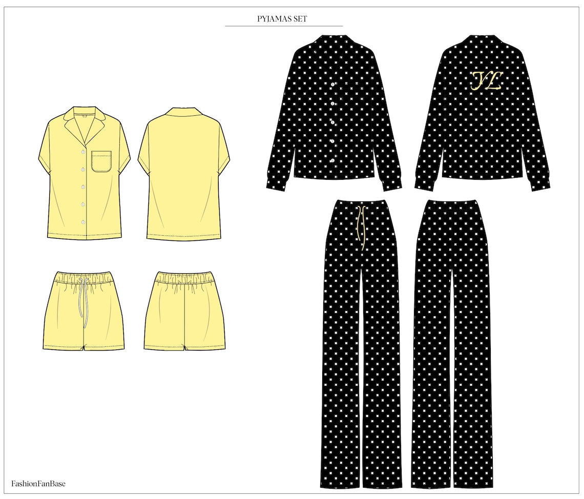 Pyjama Sketch Loungewear Vector Mockup Fashion Tech Pack Template ...
