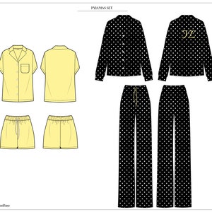 Pyjama Sketch Loungewear Vector Mockup Fashion Tech Pack Template ...