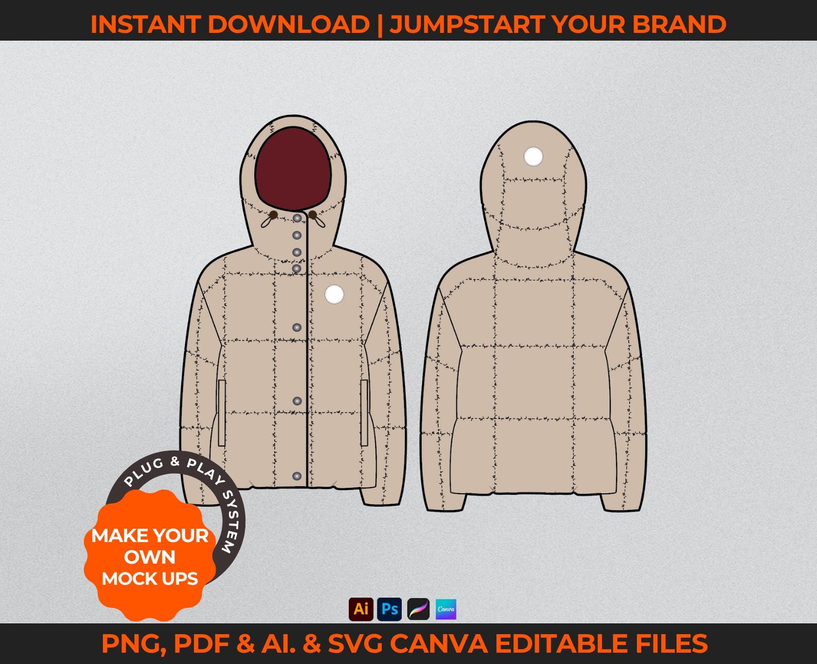 Unisex Puffer Jacket Drawing Streetwear Fashion Flat Clothing Template ...