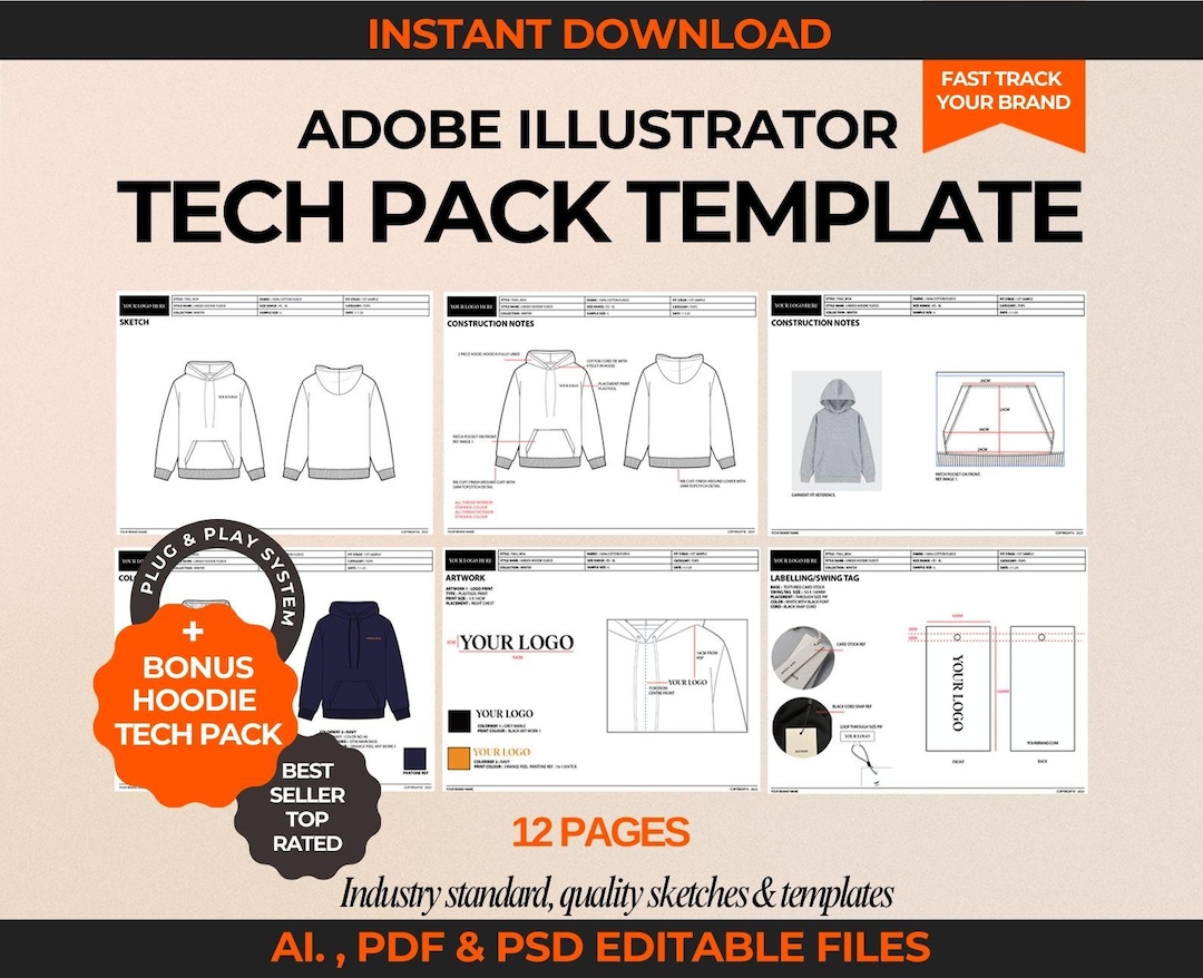 Fashion Tech Pack Template Kit Adobe Illustrator DIY Tech Pack Ai. PDF Hoodie Tech Pack Template ...