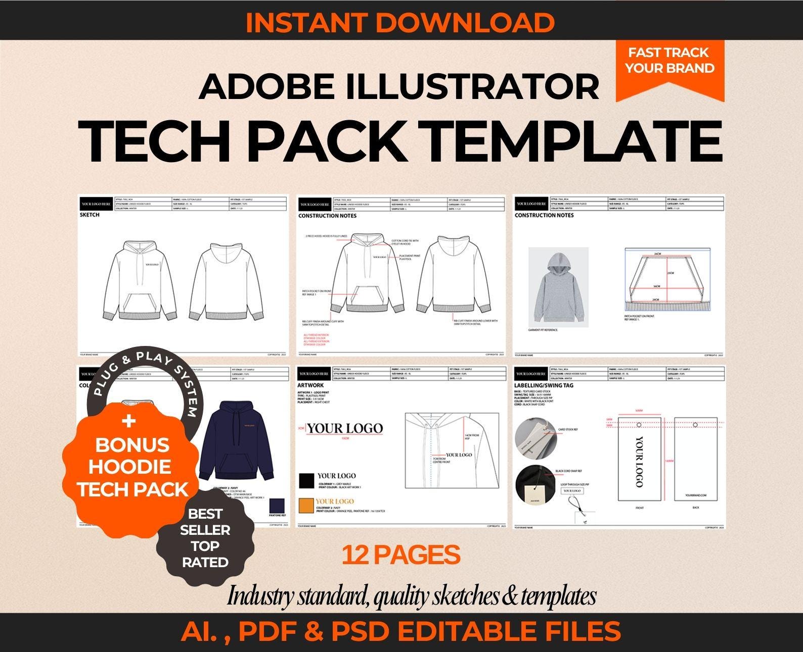 Fashion Tech Pack Template Kit Adobe Illustrator DIY Tech Pack Ai. PDF ...