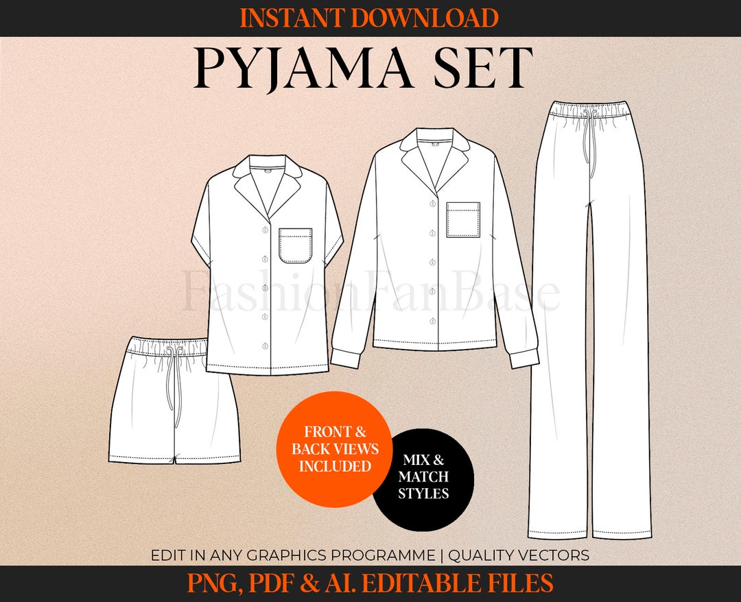 Pyjama Sketch Loungewear Vector Mockup Fashion Tech Pack Template ...