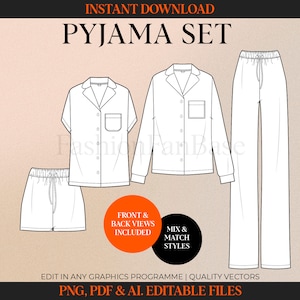 Pyjama Sketch Loungewear Vector Mockup Fashion Tech Pack Template ...