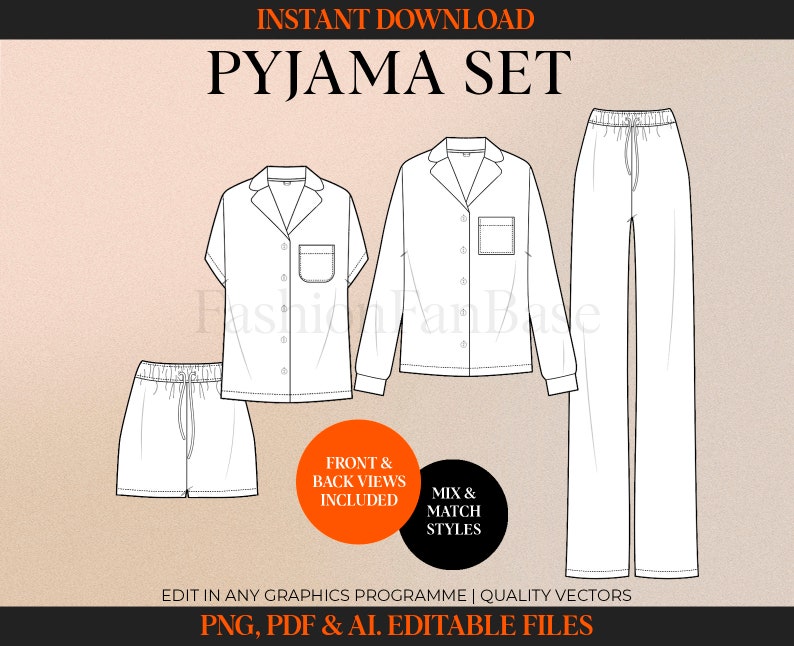 Pyjama Sketch Loungewear Vector Mockup Fashion Tech Pack Template ...