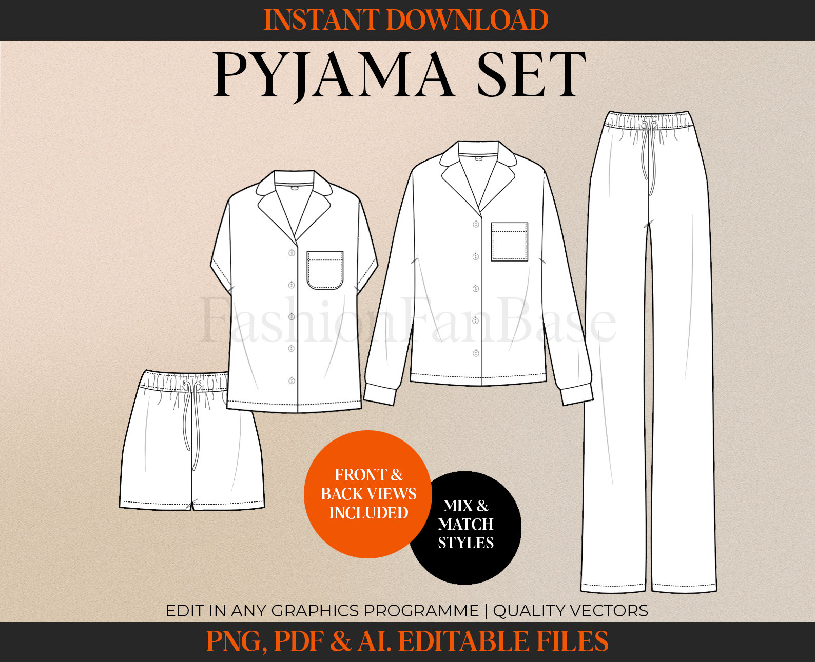 Pyjama Sketch Loungewear Vector Mockup Fashion Tech Pack Template ...