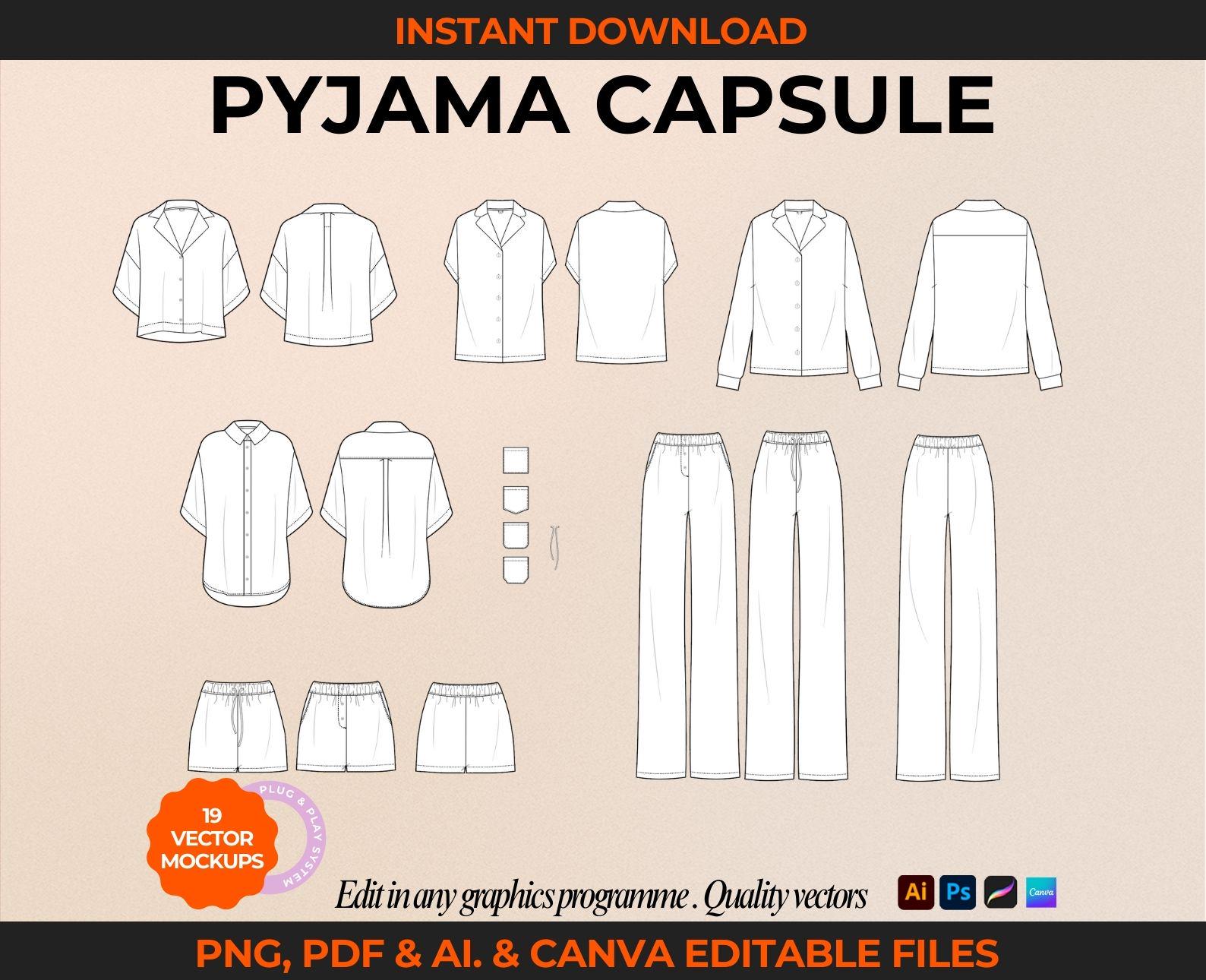 Pajama Sketch Loungewear Vector Mockup Fashion Tech Pack Template ...