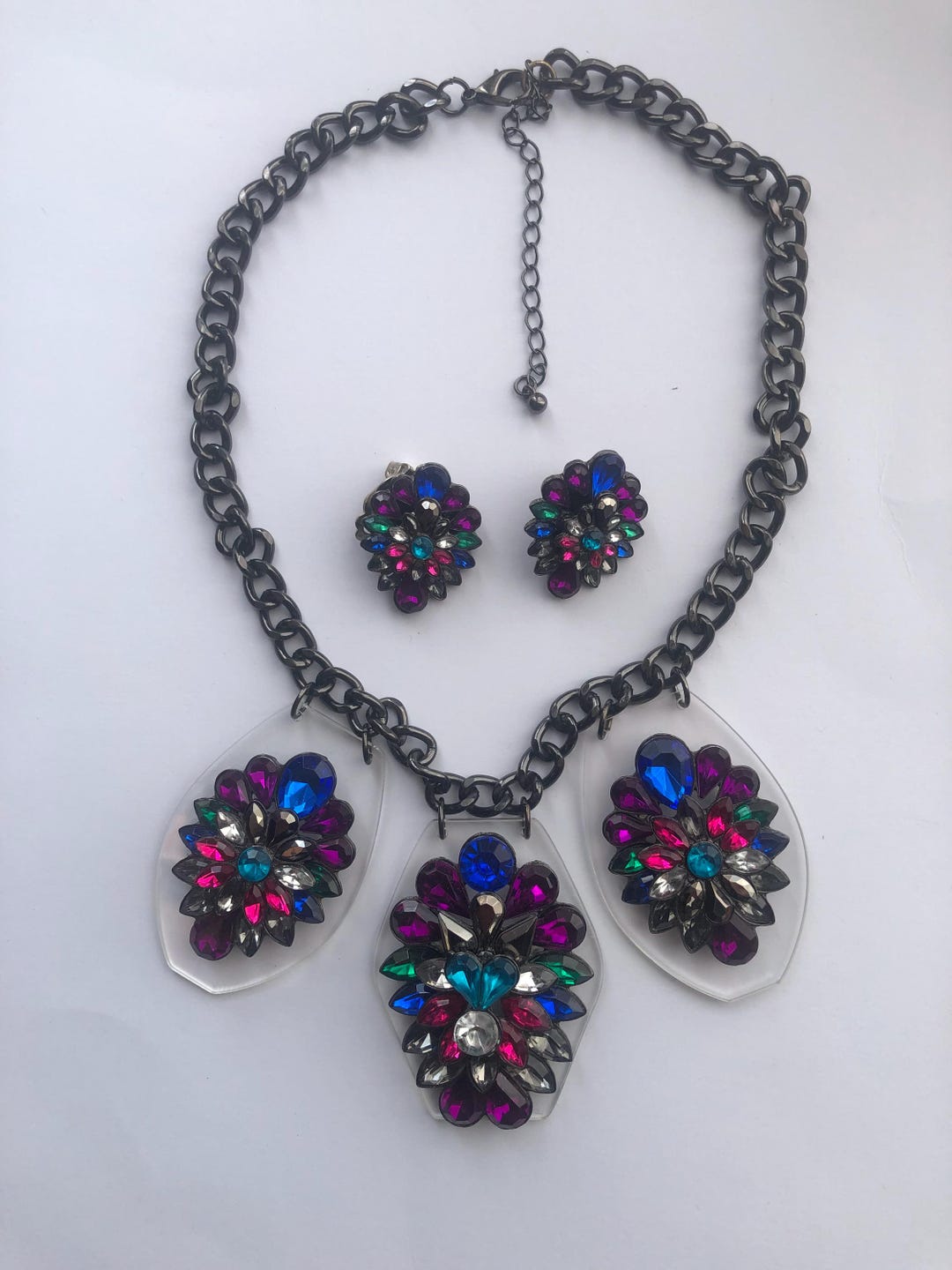 Vintage Perspex and Crystal Necklace With Matching Clip on Earrings - Etsy