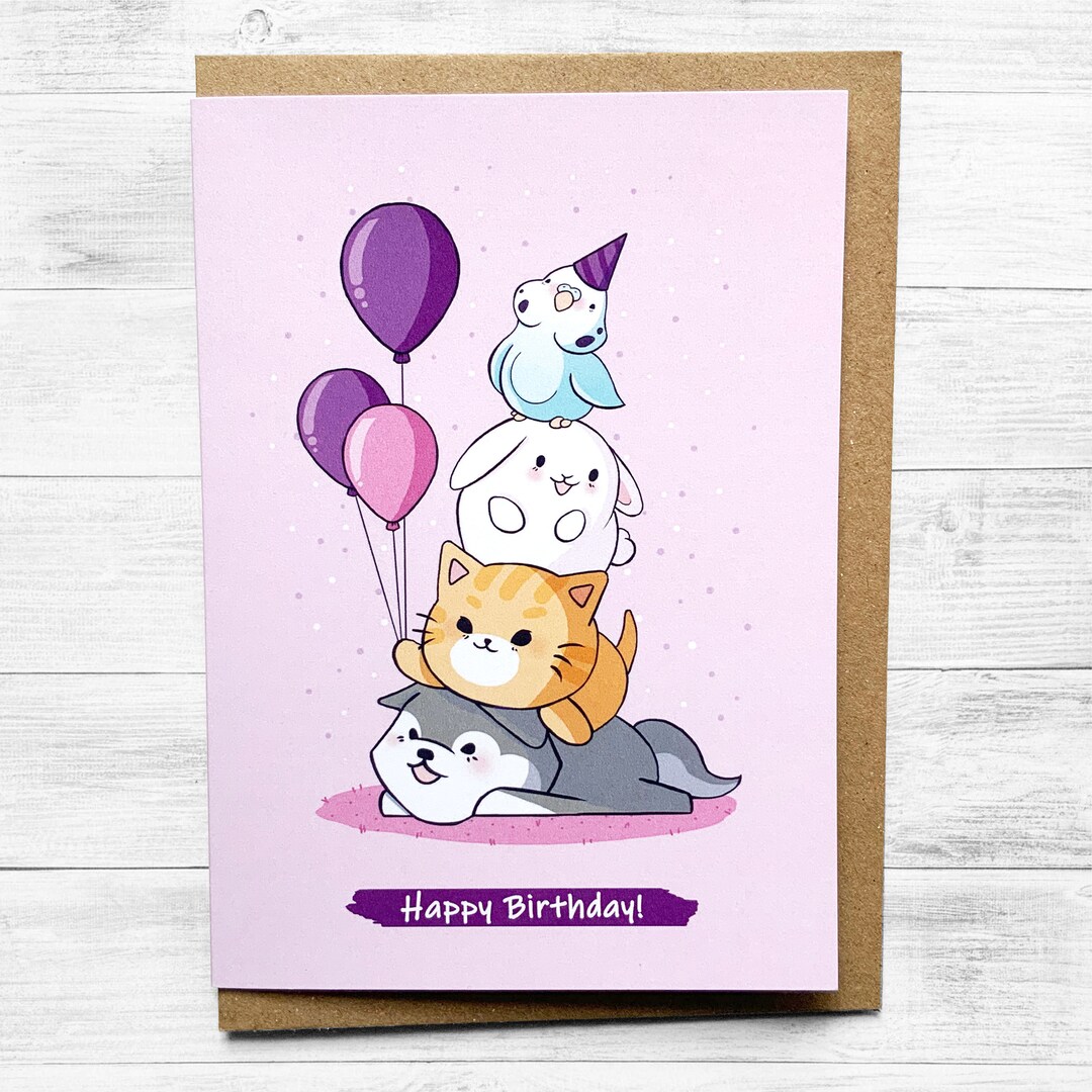 Cute Animal Themed Birthday Card, Kawaii Animal Birthday Card, Birthday ...