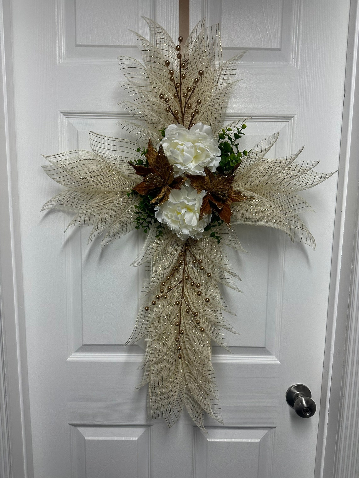 Gold Deco Mesh Cross Wreath With Floral Decor for Door or Wall Display ...
