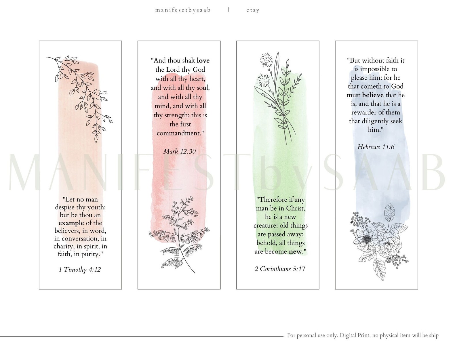 Printable Bookmarks, KJV Bible Verse, Christian Bookmarks, Set of 4 ...