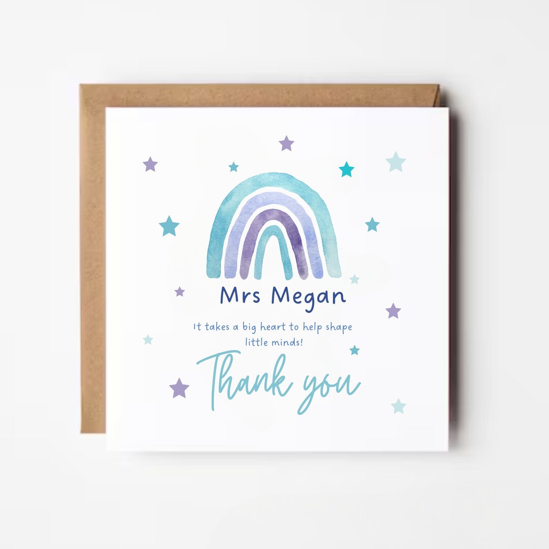 Personalised Teacher Thank You Card, Cute Rainbow Teacher Card, End of ...