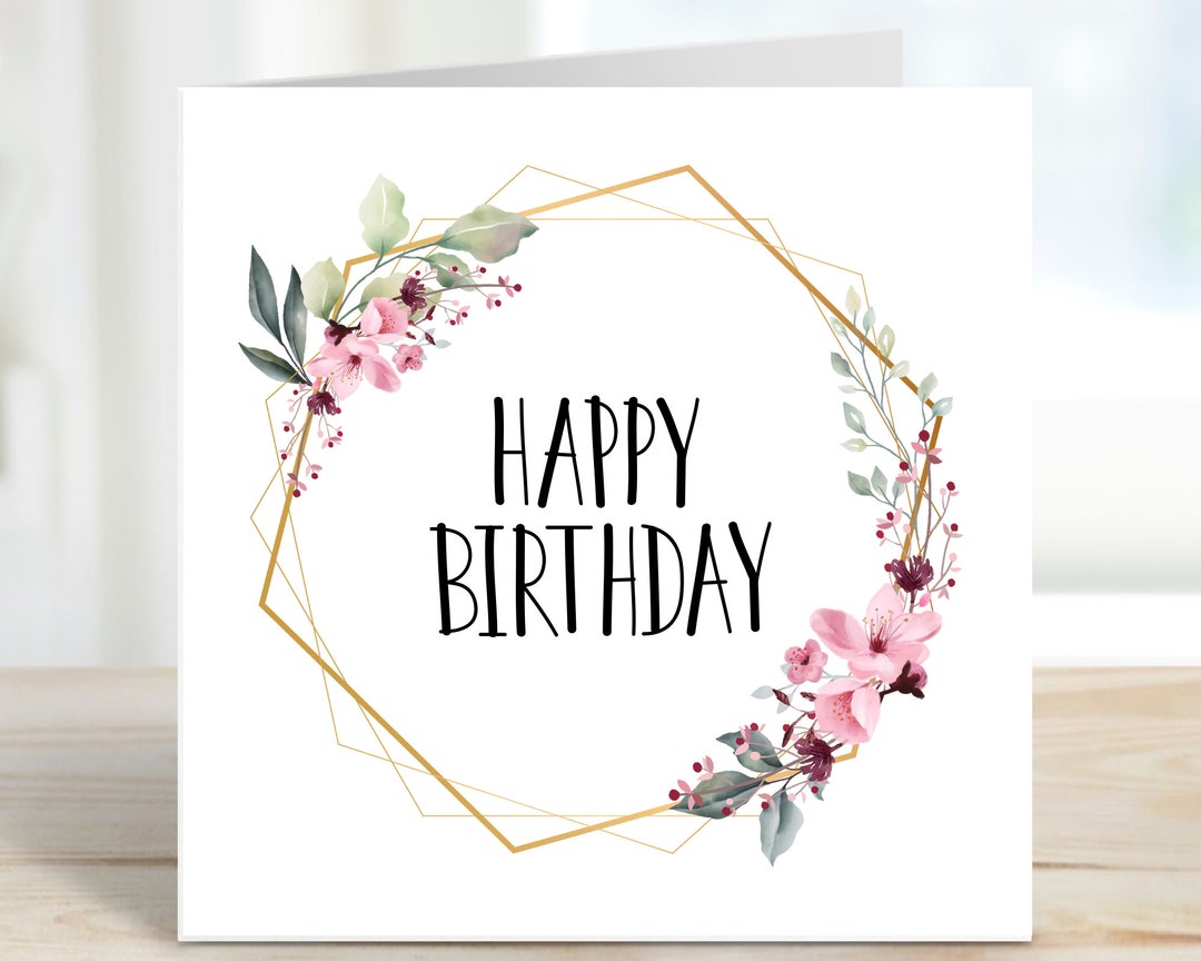 Happy Birthday Card, Pink Flower Wreath, Simple Birthday Card for Her ...