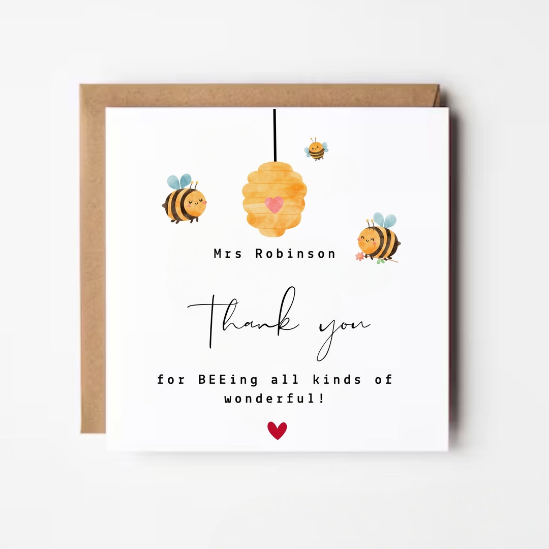Custom Teacher Thank You Card, Cute Bee Teacher Card, Personalised ...