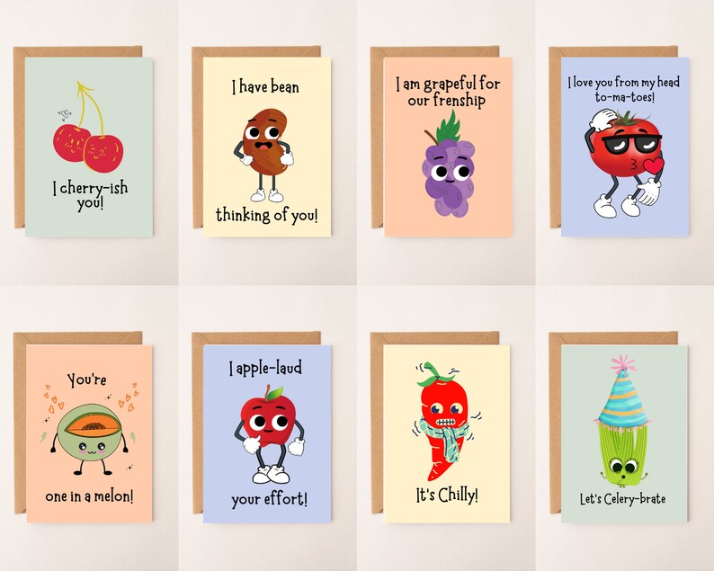 Food Pun Cards, Pack of 8 Funny Fruit and Vegetable Cards, Vegetable ...