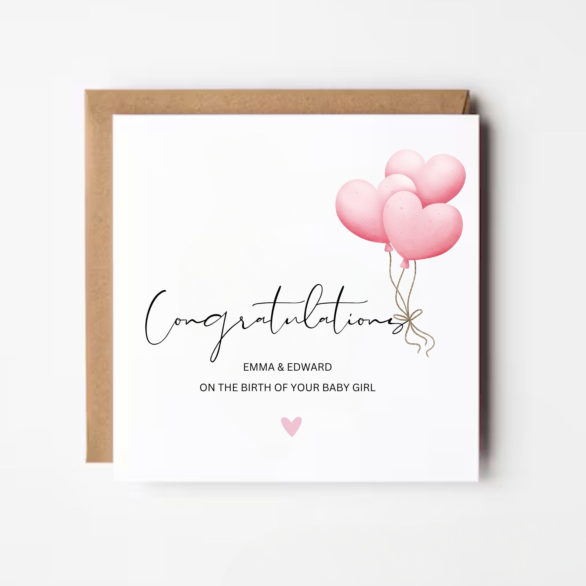 Personalized New Baby Girl Card: Pink Balloons, Kraft Envelope - Etsy