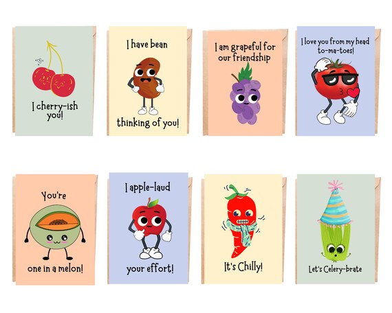 Food Pun Cards Pack of 8 Funny Fruit and Vegetable Cards | Etsy