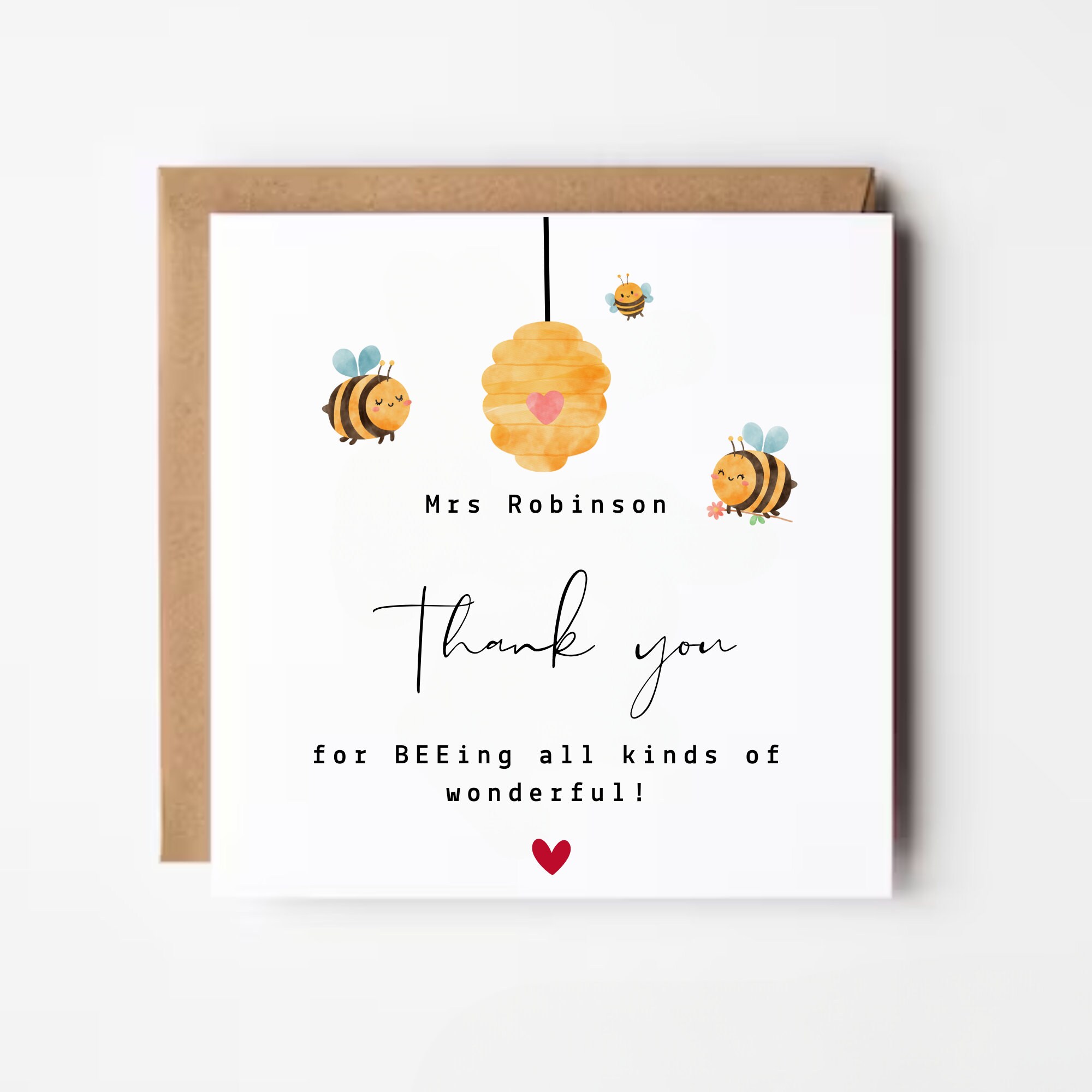 Custom Teacher Thank You Card, Cute Bee Teacher Card, Personalised ...
