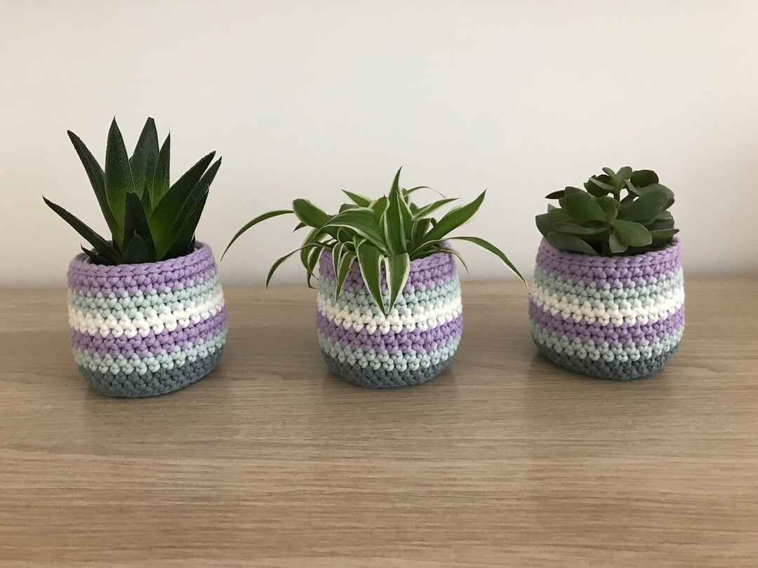 3 Mini Crochet Flower Pots, Cozy Interior Decoration, Crochet Flower ...