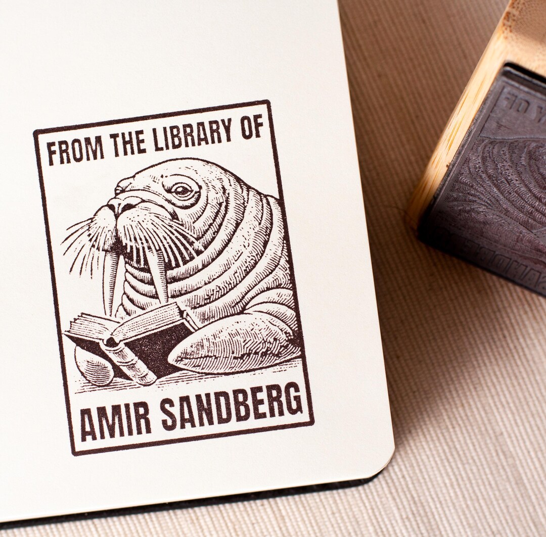 Custom Library Stamp • Walrus Reading Book • Personalized Rubber Stamp ...