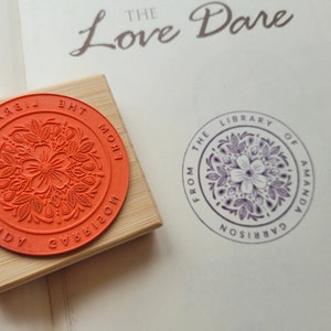 Custom Flower Ex Libris Book Stamp, Botanical Floral Circle Round Stamp ...