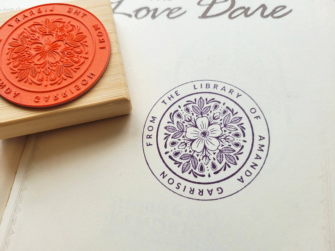 Custom Flower Ex Libris Book Stamp, Botanical Floral Circle Round Stamp ...