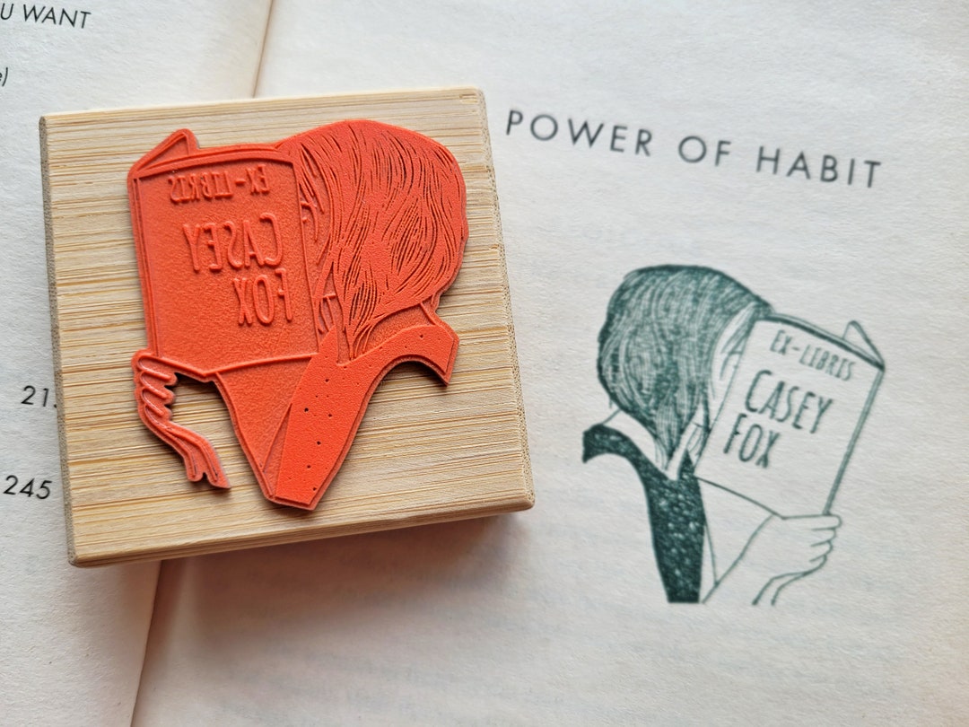 Custom Book Stamp, Ex Librwoman Girl Reading Book Illustration ...