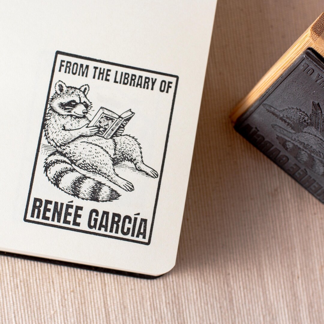 Custom Library Book Stamp - Raccoon Reading a Book - Book Lover Gift ...