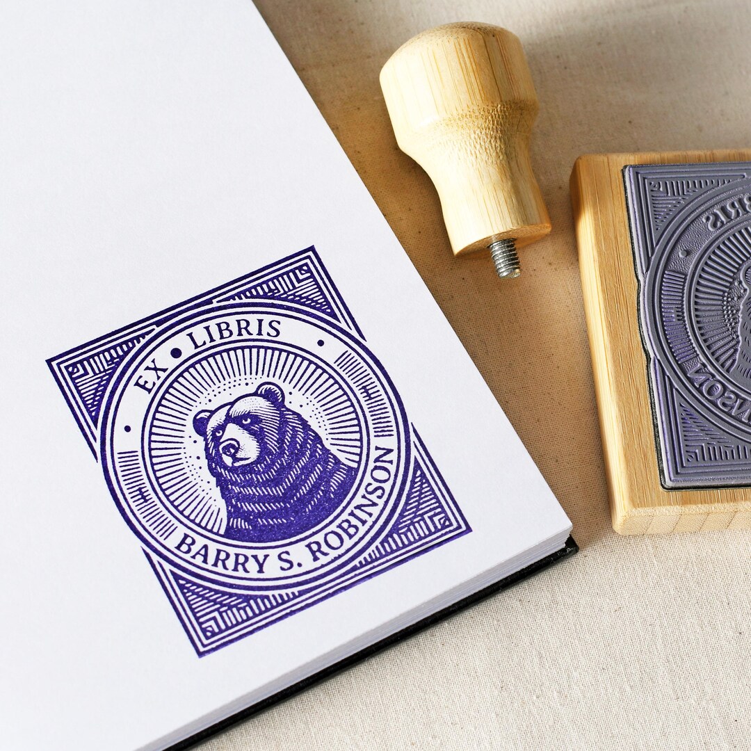 Custom Art Deco Bear Ex Libris Book Stamp, Personalize Ex Libri Library ...