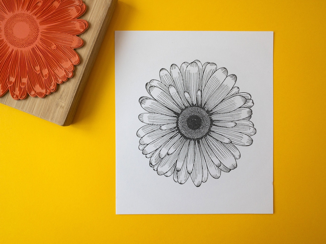 Large Hand Drawn Daisy Rubber Stamp - Wood Mounted Flower With Petals ...