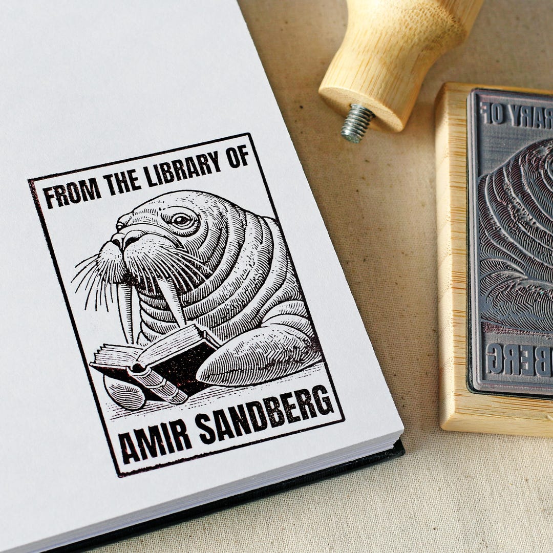 Custom Library Stamp • Walrus Reading Book • Personalized Rubber Stamp ...