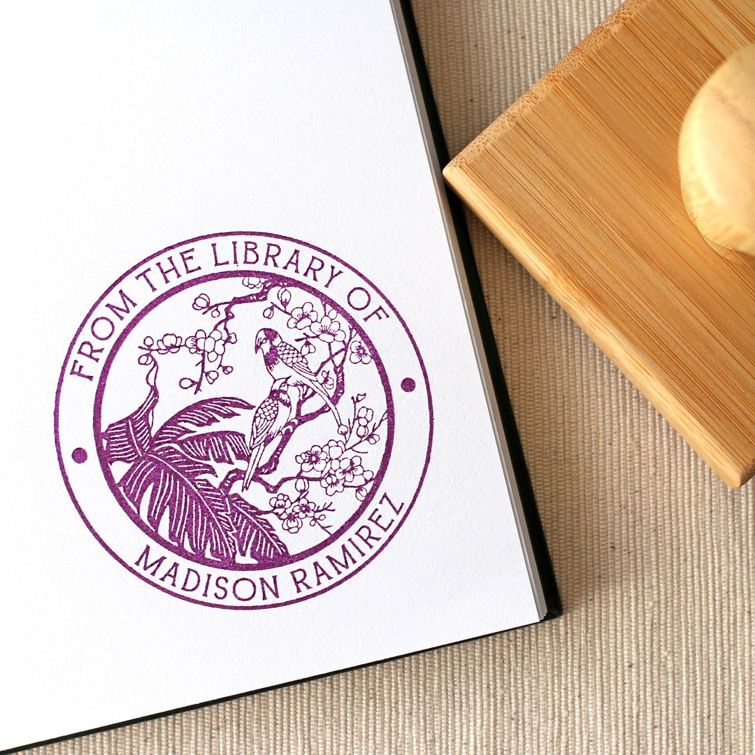 Custom Birds and Flowers Book Stamp - Personalized Library Wood Mounted ...