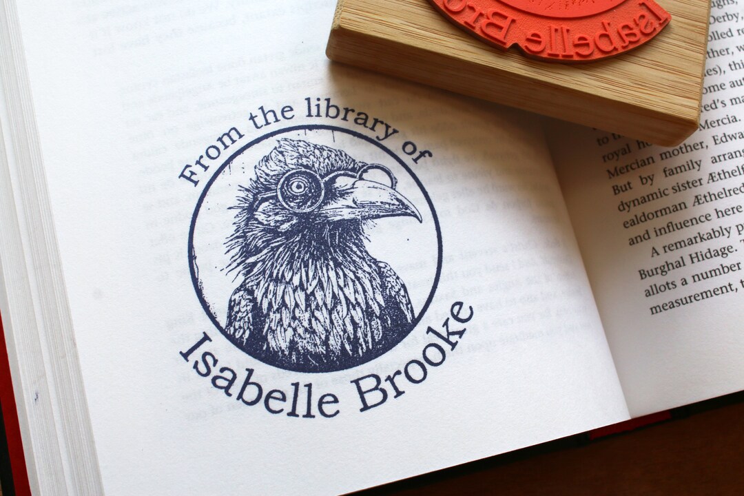 Custom Book Stamp, Crow With Glasses Library Stamp, Personalized Dark ...