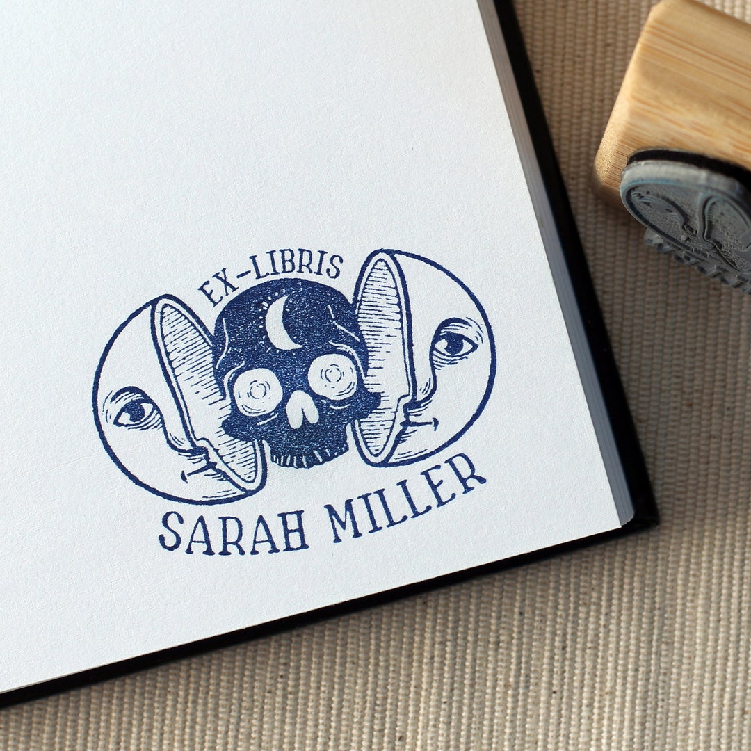 Custom Ex Libris Book Stamp: Celestial Moon Skull, Personalized Library Stamp - Etsy