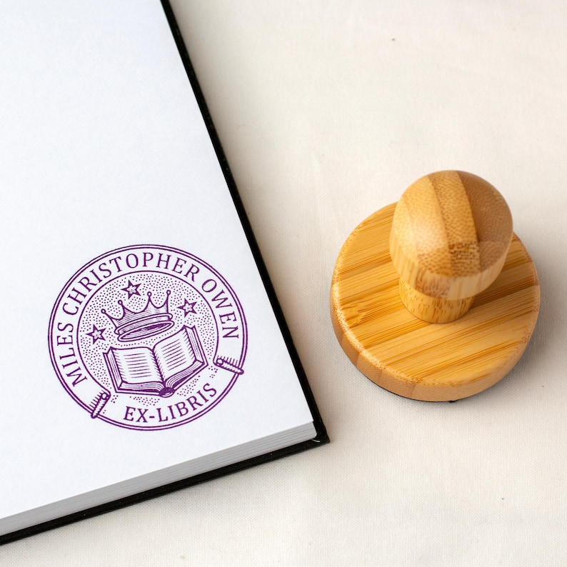 Custom Ex Libris Round Book Stamp, Crown and Book Crest Seal ...
