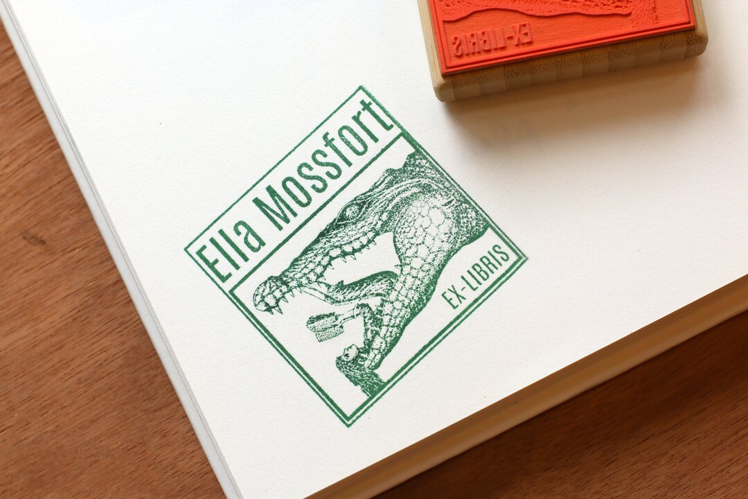 Custom Ex-libris Stamp - Alligator and Woman Reading Book Illustration ...