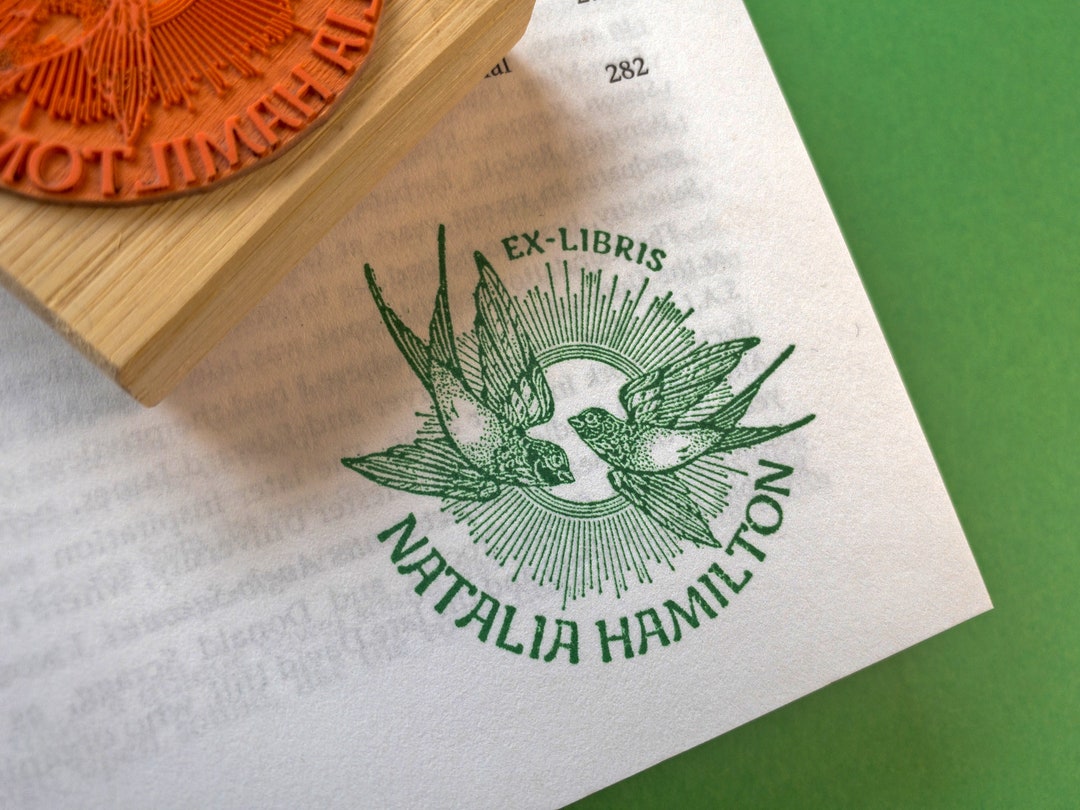 Custom Ex Libris Book Stamp, Two Swallow Birds & Sun Rays, Personalized ...