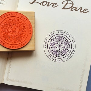 Custom Flower Ex Libris Book Stamp, Botanical Floral Circle Round Stamp ...
