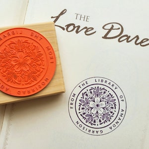 Custom Flower Ex Libris Book Stamp, Botanical Floral Circle Round Stamp ...