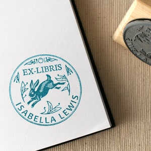 Custom Ex-libris Leaping Rabbit Book Stamp, Rabbit Bookplate, Personal ...