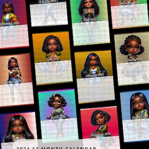 2024 Stylish Calendar| Chibi-style African American Women in Colorful ...