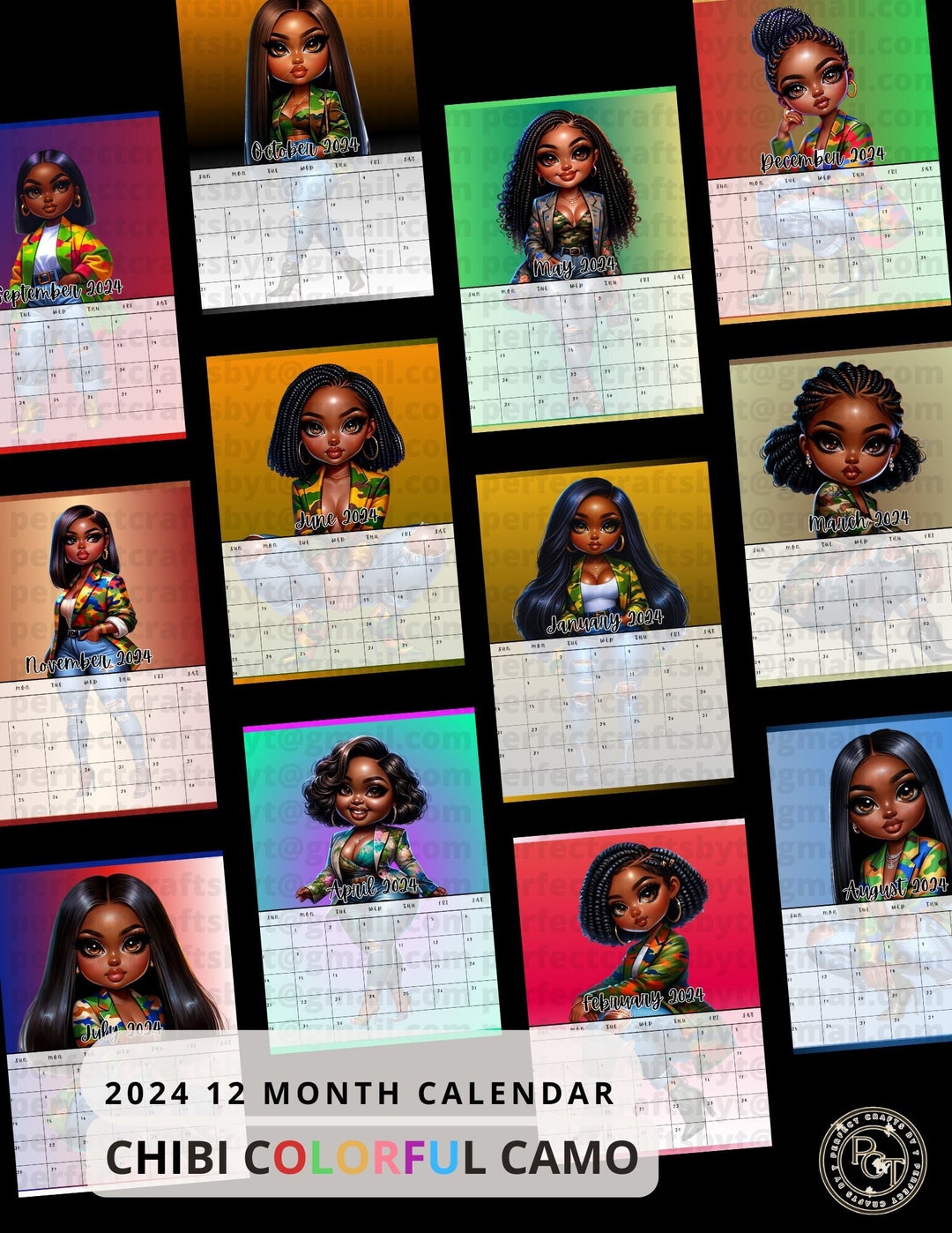 2024 Stylish Calendar| Chibi-style African American Women in Colorful ...