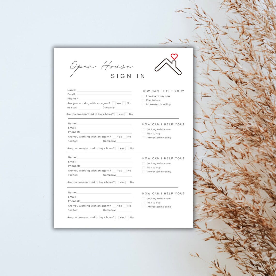Open House Sign in Sheet Printable, Realtor Open House Sheet, Marketing ...