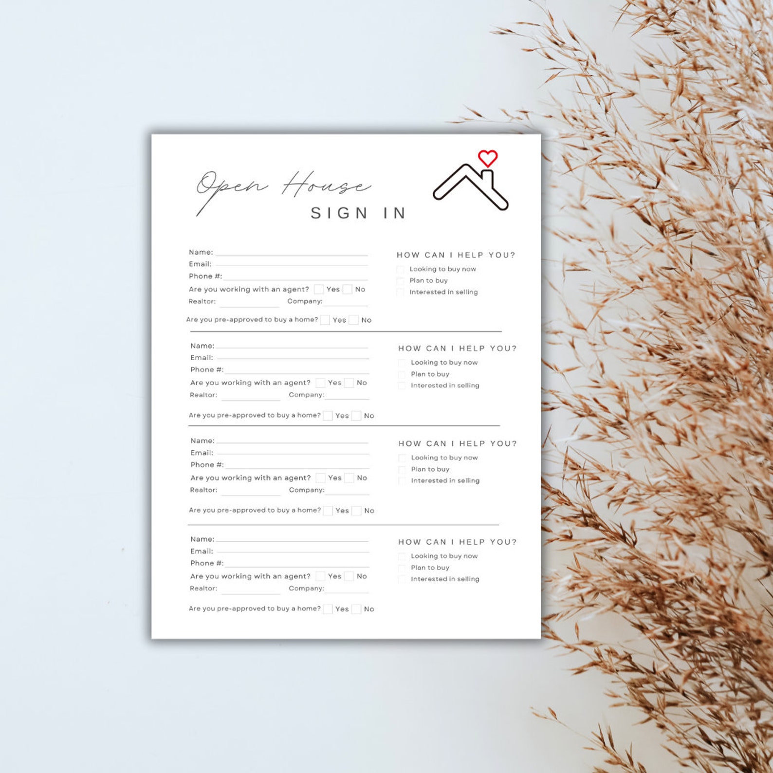 Open House Sign in Sheet Printable, Realtor Open House Sheet, Marketing ...