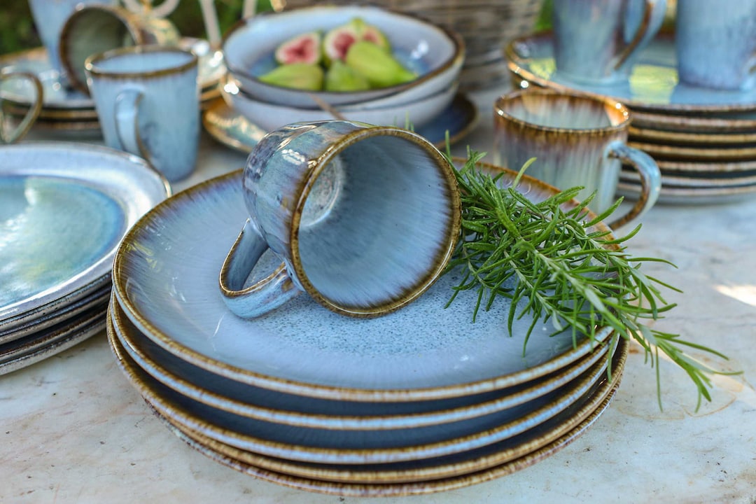 Set of 4 Artisan Stoneware Dinner Plates From Portugal - Handcrafted in ...