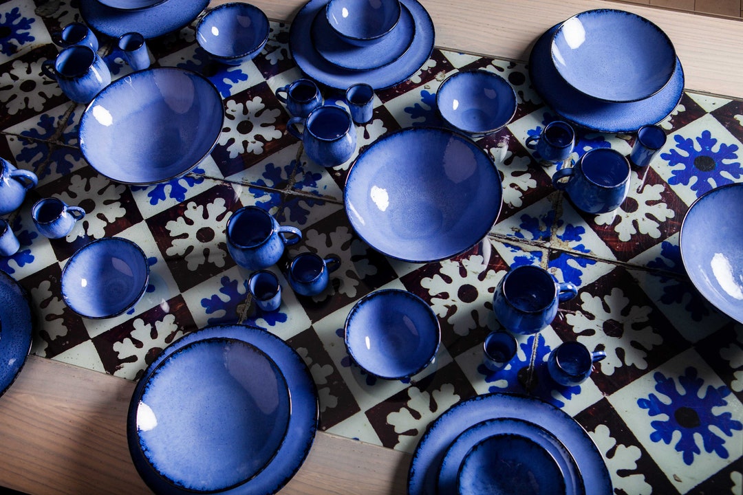 Handmade Stoneware Dinnerware Set From Portugal - 16 Pieces in Blue ...