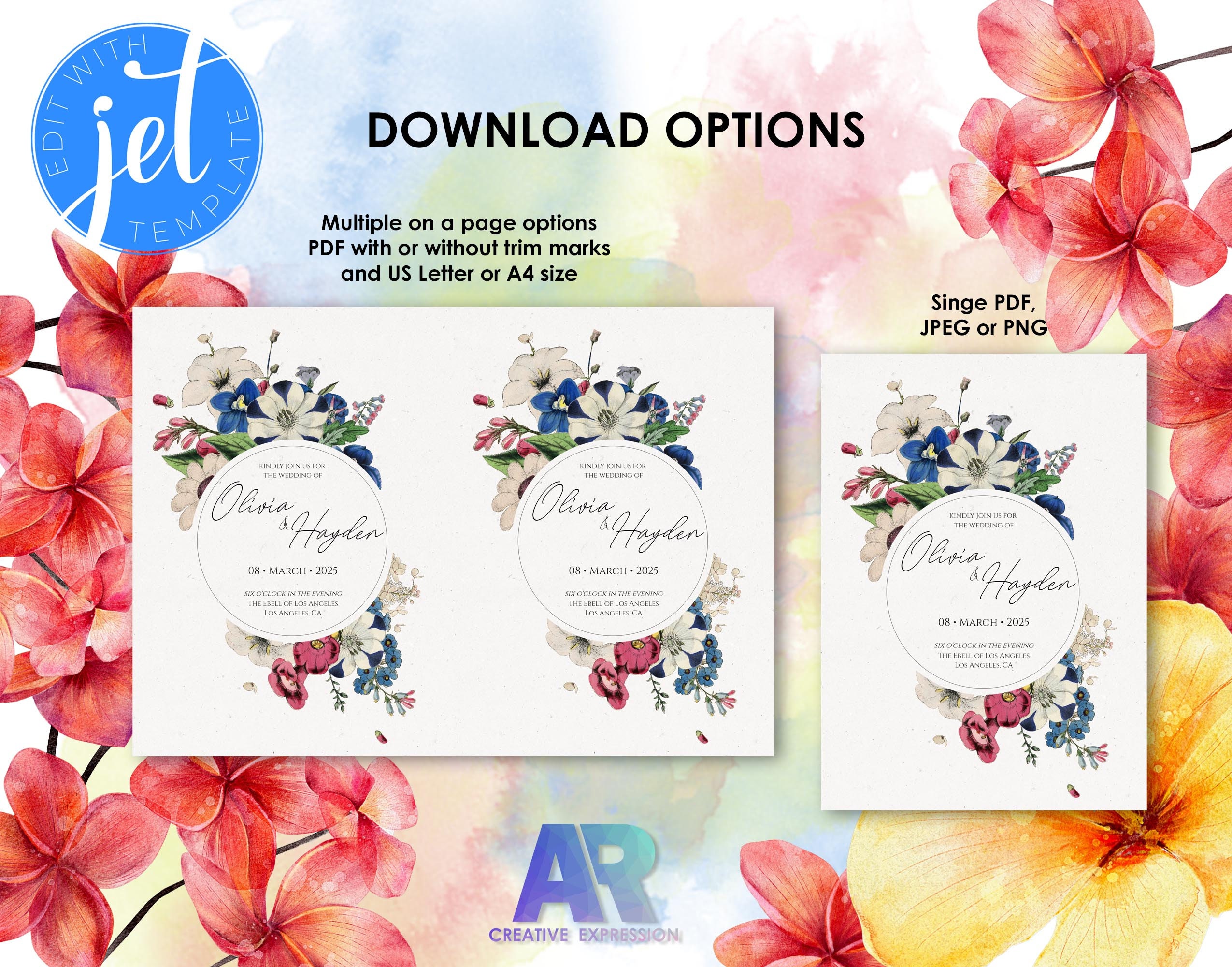 Wedding Invitations Template 5x7 | Lavish Royal Blue Floral Watercolor ...