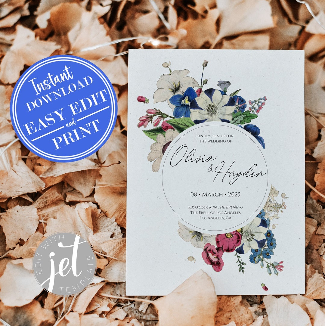 Wedding Invitations Template 5x7 | Lavish Royal Blue Floral Watercolor ...